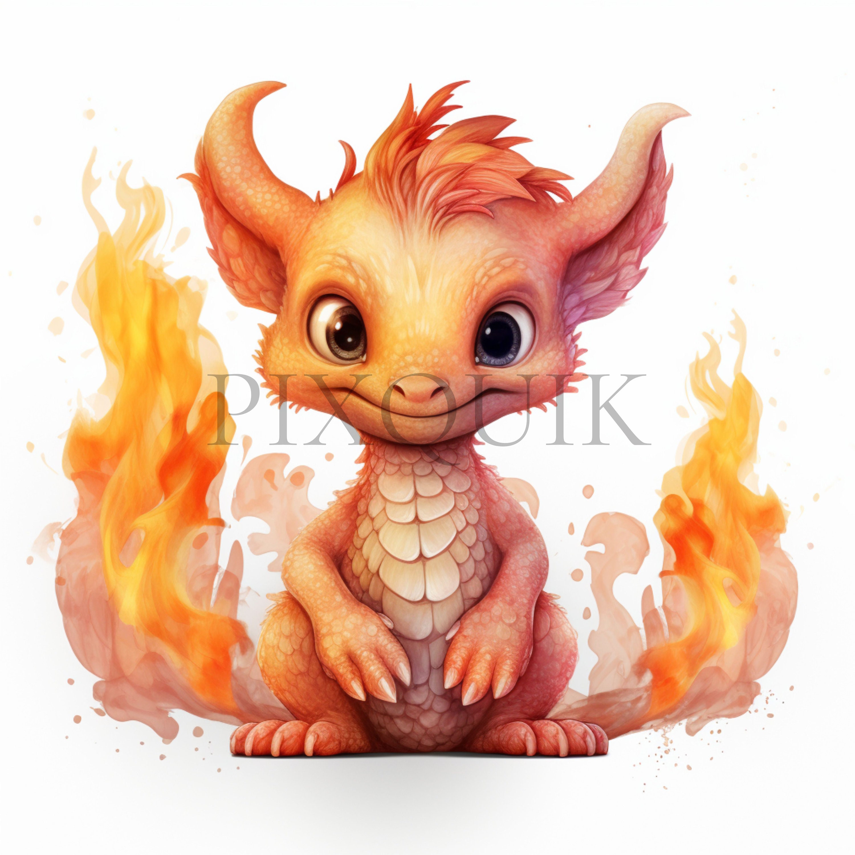 Watercolor Fire Baby Dragon Clipart | Fantasy Graphics (digital ...
