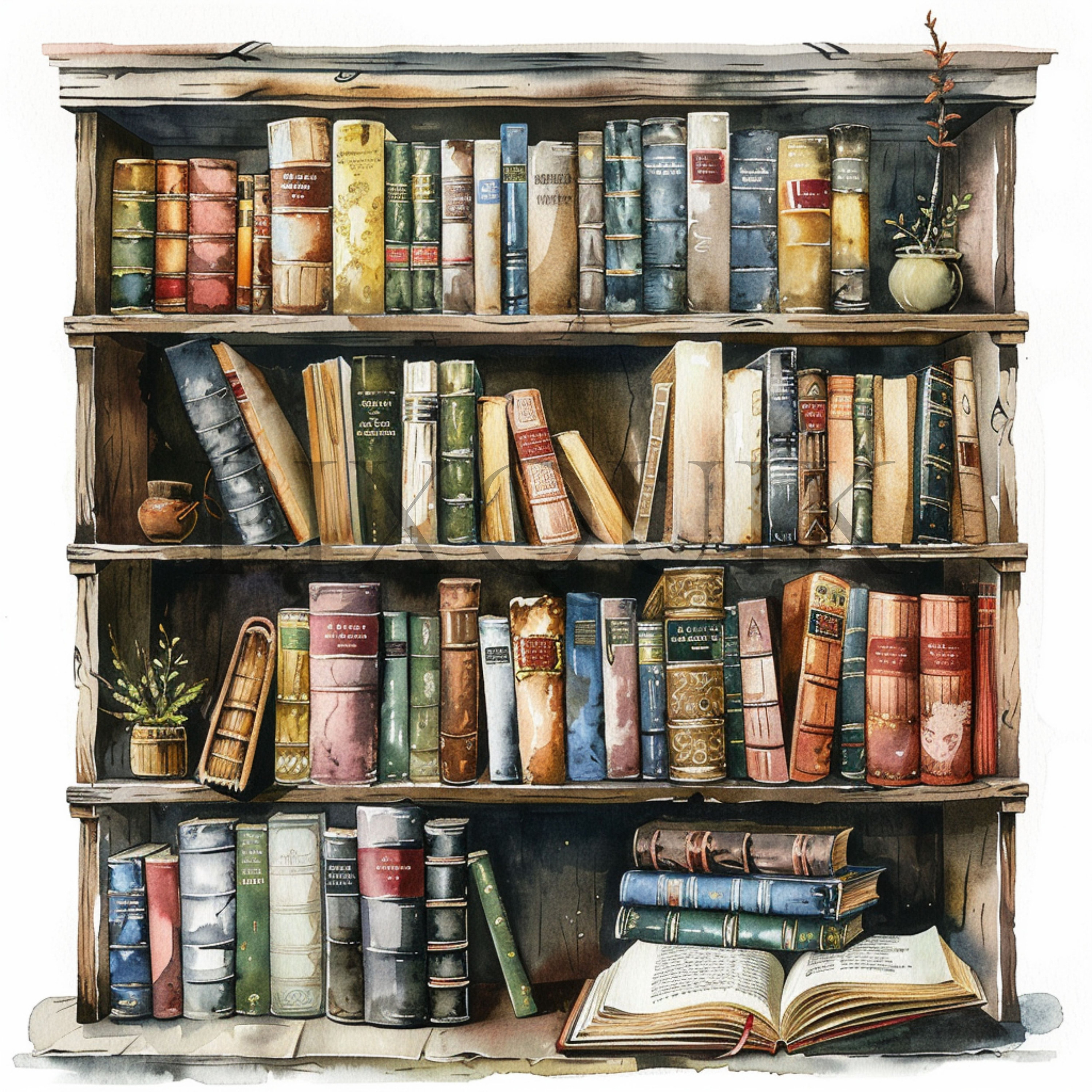 Watercolor Bookshelf Clipart | Library Books JPG Set (digital Download ...
