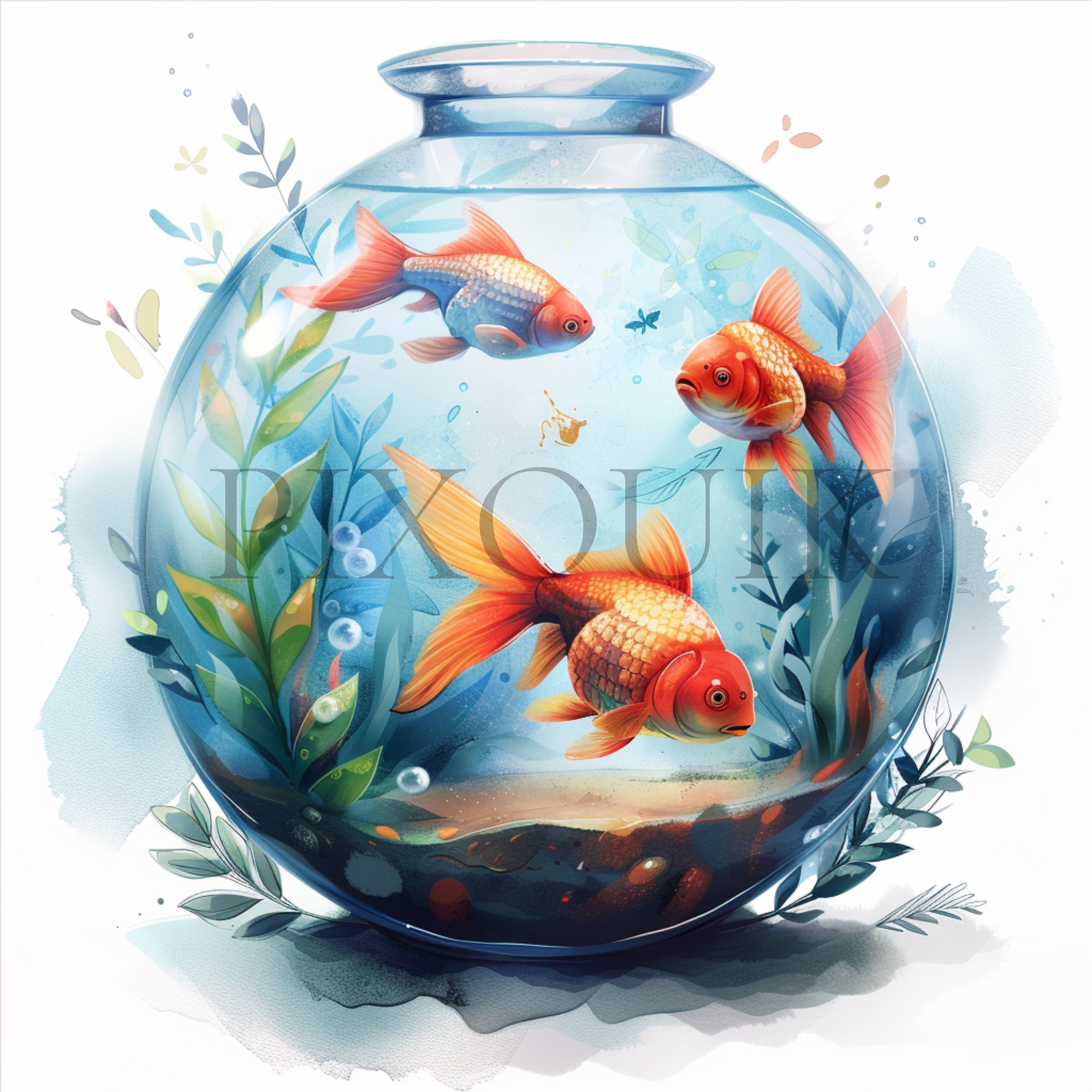 Watercolor Goldfish Bowl Clipart | 10 Jpgs, Sublimation Design (digital ...