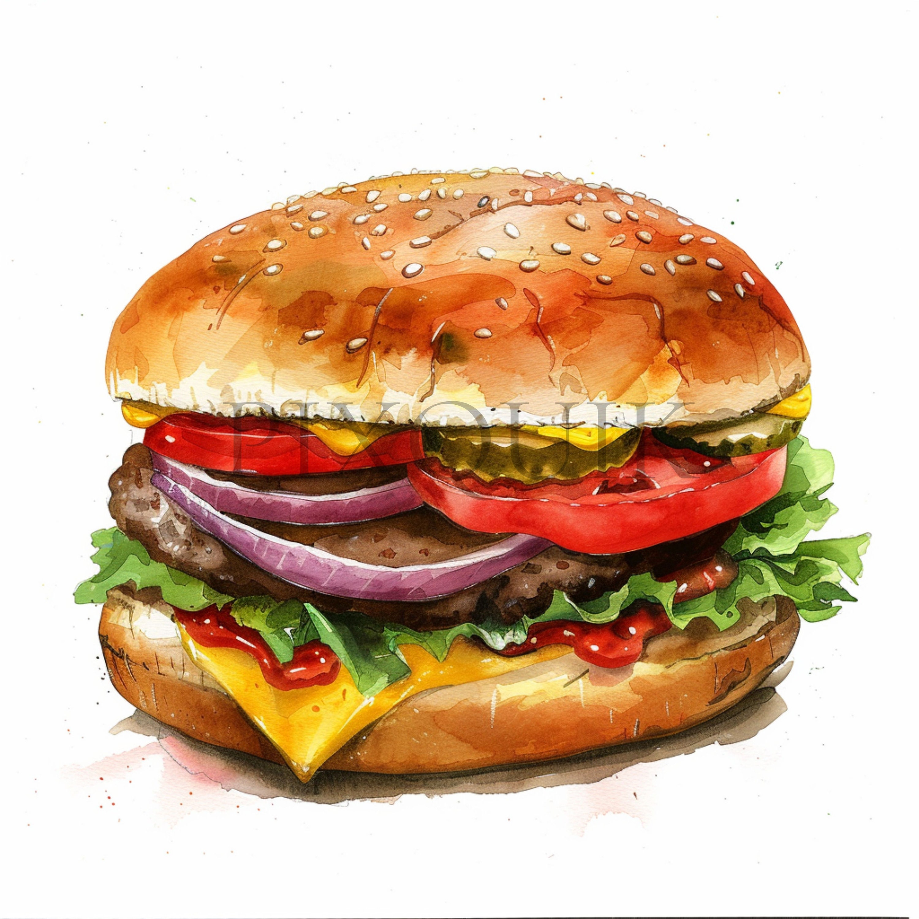 Watercolor Hamburger Clipart | Tasty Fast Food Illustration (jpgs) - Etsy