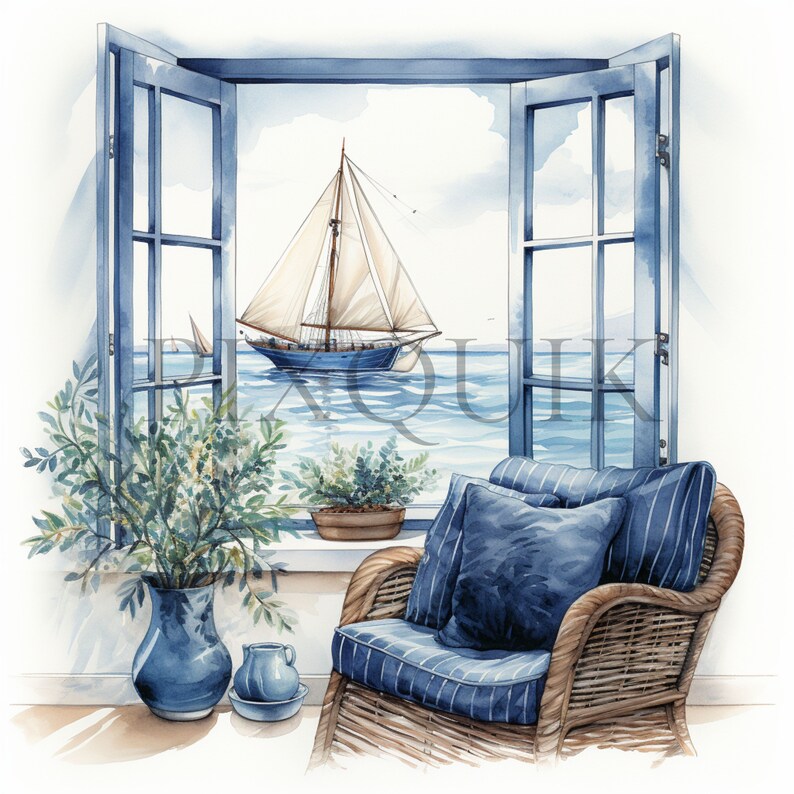 Watercolor Nautical Window Clipart | Maritime Art Prints (digital ...