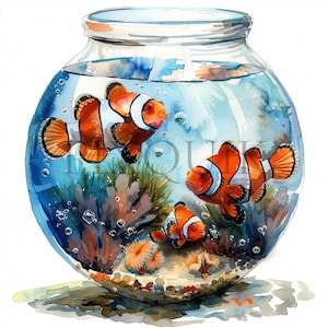 Watercolor Fish Bowl Clipart | Clownfish JPG Images (digital Download ...