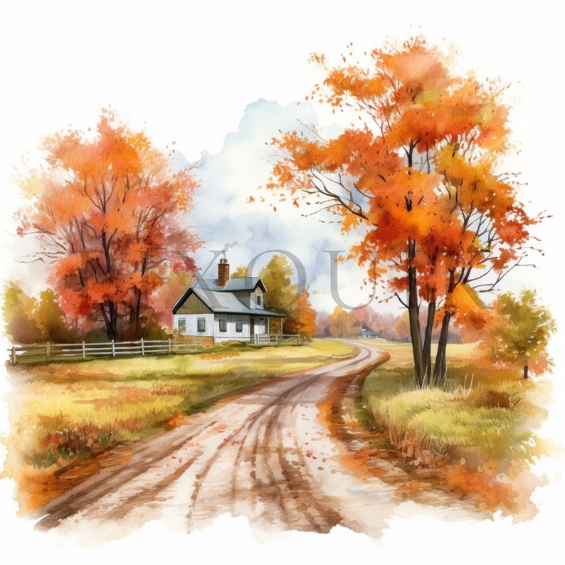 Autumn Landscape Clipart | Watercolor Fall Scene (digital Download) - Etsy