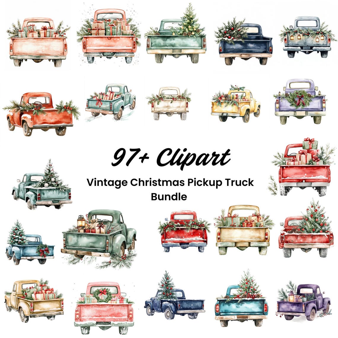 Watercolor Christmas Truck Clipart | Festive PNG Bundle (digital ...