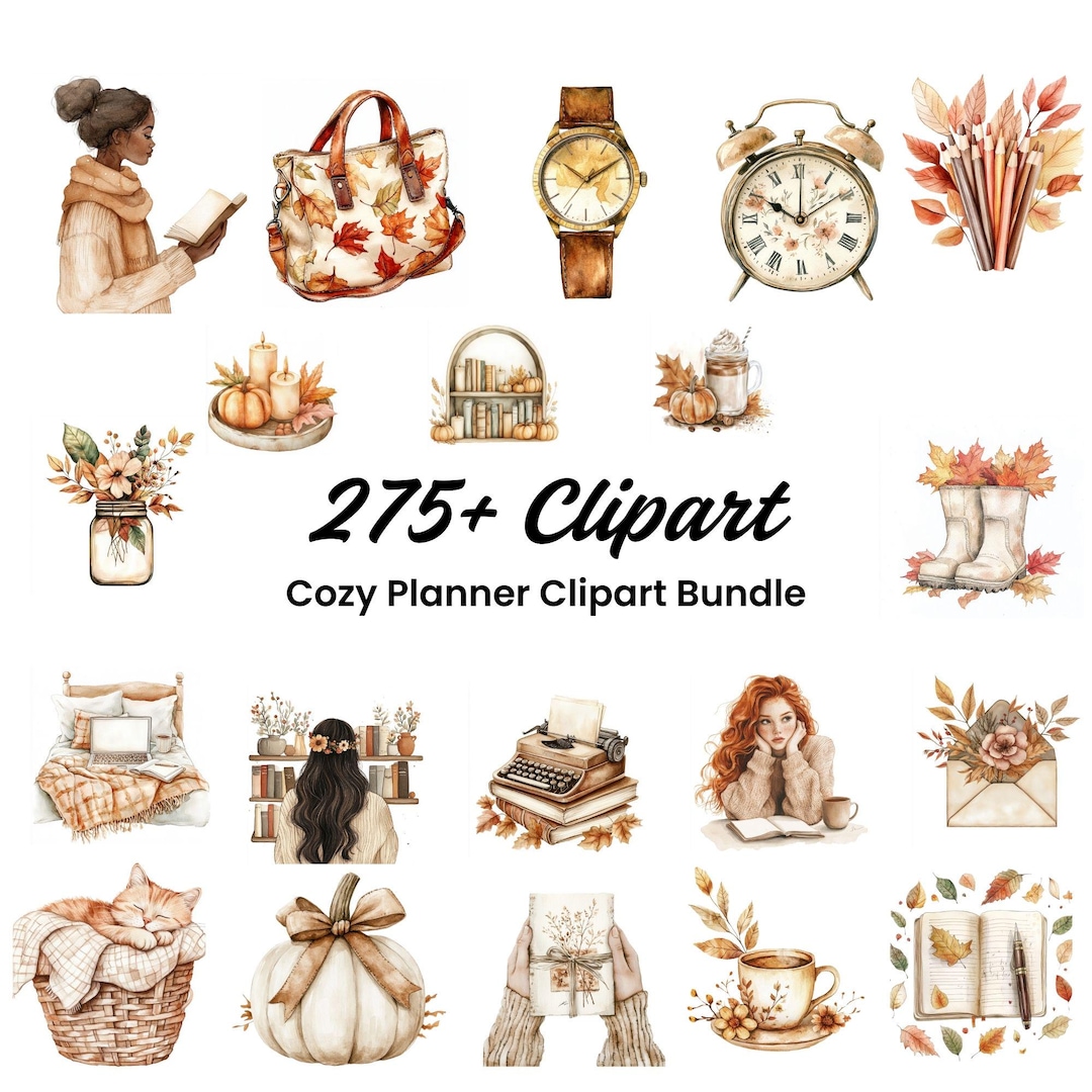 Cozy Autumn Clipart Bundle: Watercolor Planner Graphics (275+ JPG Files ...