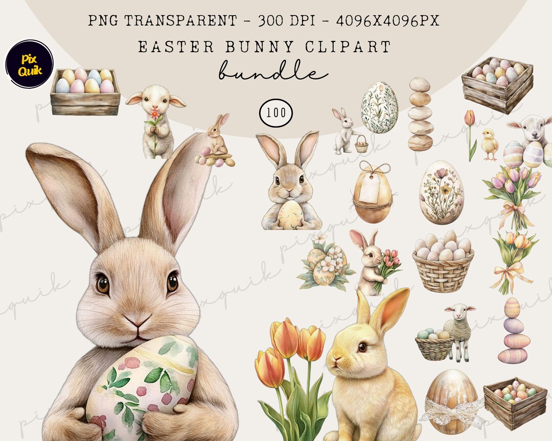 Watercolor Easter Bunny Clipart Bundle, Spring Rabbits, Eggs, Lambs ...