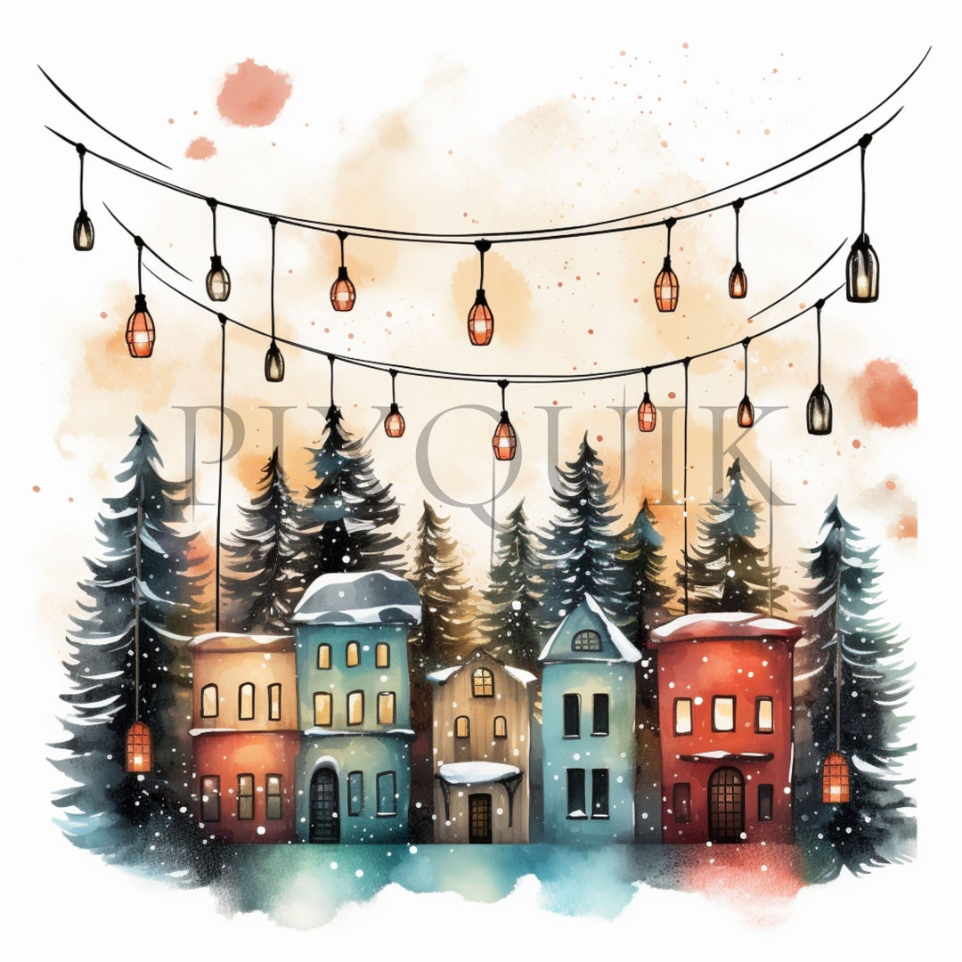Festive Holiday Lights Clipart | Christmas Town Illustration (digital ...