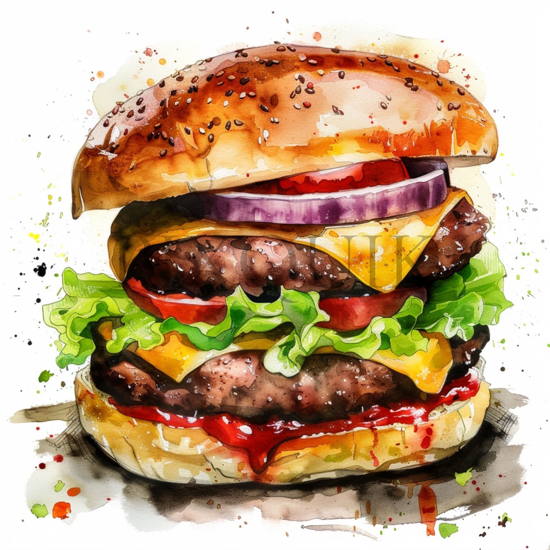Watercolor Burger Clipart | High-quality Jpgs, Food Illustration ...