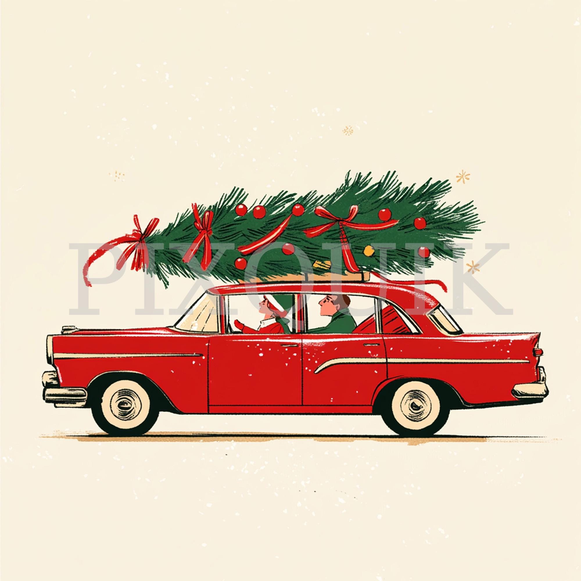 Vintage Christmas Car Clipart: Retro Holiday PNG Files (digital ...