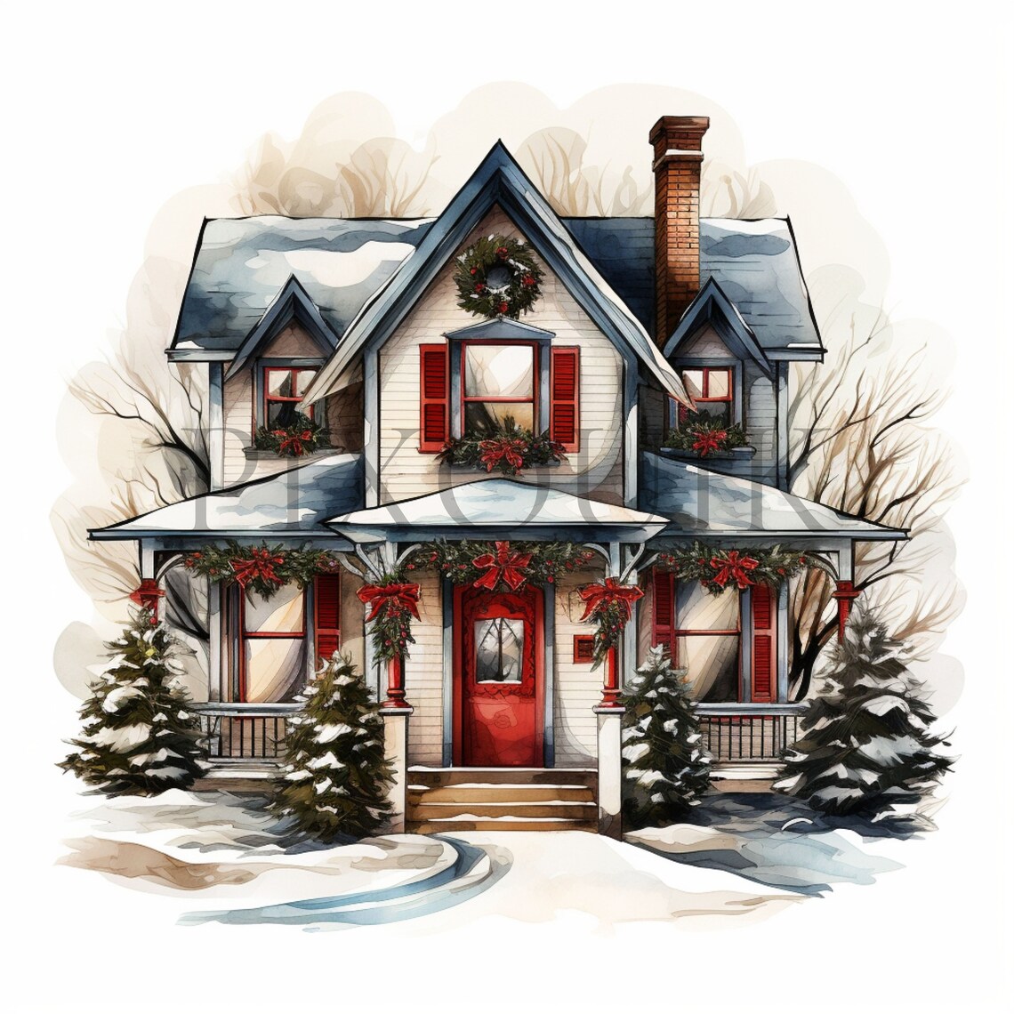Christmas House Clipart | Holiday Home JPG Graphics (digital Download ...