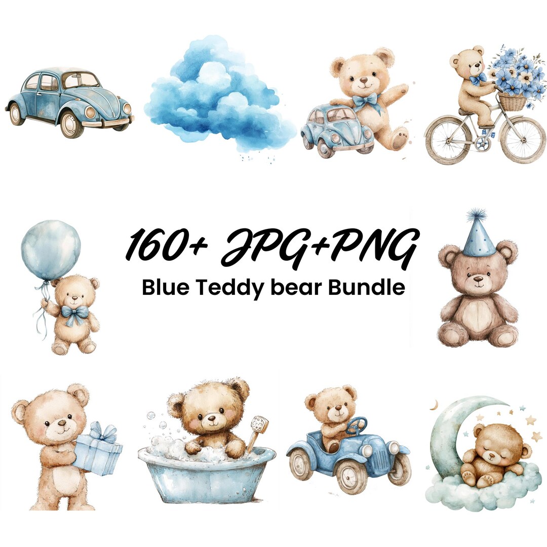 Blue Teddy Bear Clipart Bundle | 160+ Jpg's AND PNG Files | Card Making ...