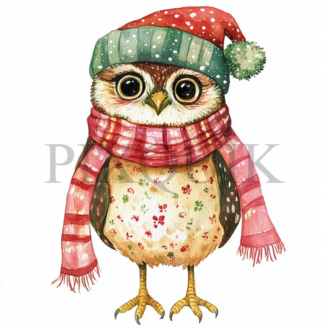 Watercolor Christmas Owl Clipart | Holiday Animal Art (JPG & PNG) - Etsy