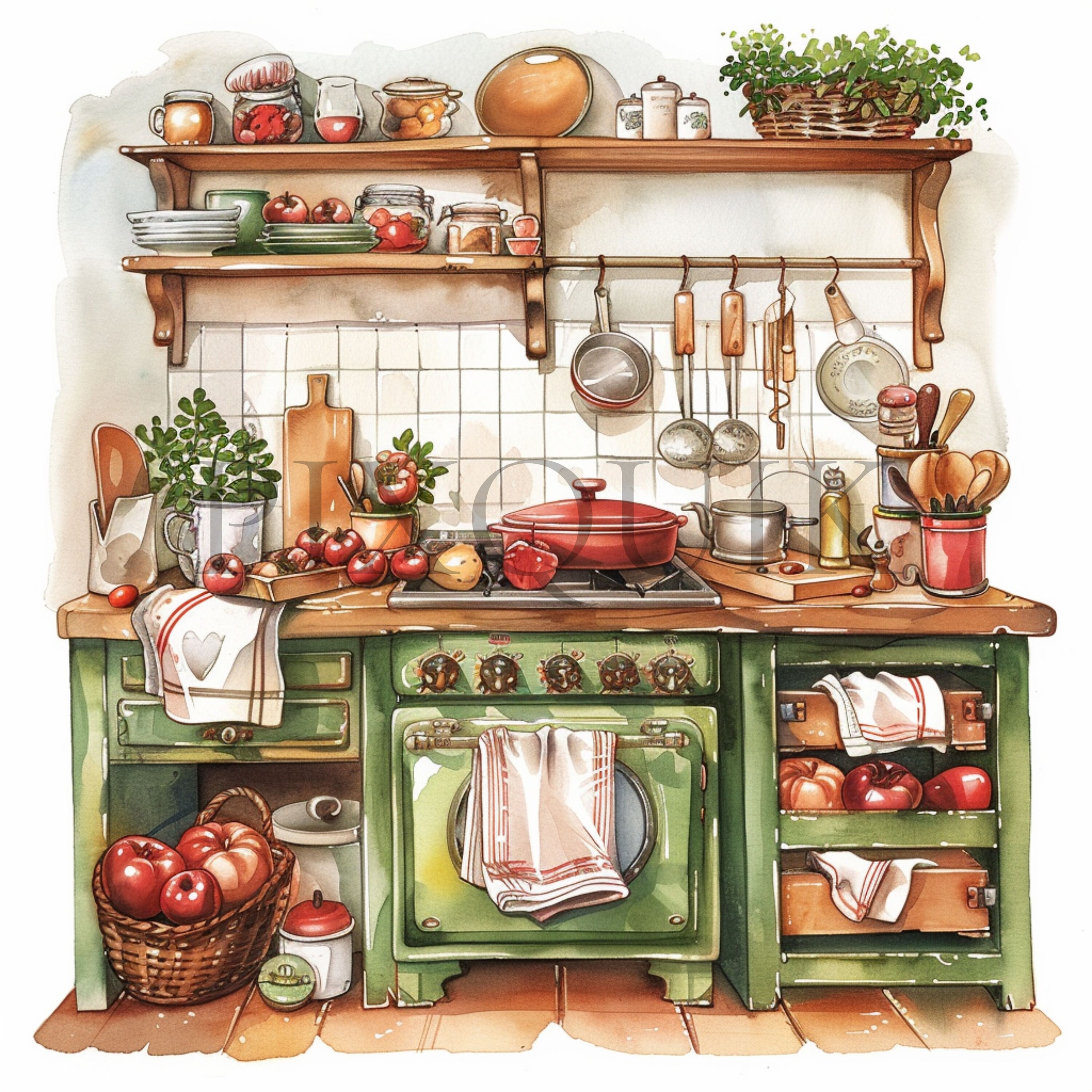 Watercolor Kitchen Clipart | Rustic Cottage, Vintage Style (JPG Digital ...