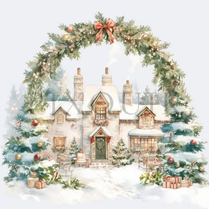 Watercolor Winter Village Clipart | Cottagecore Holiday (digital ...