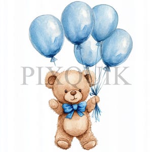 Watercolor Teddy Bear Clipart | Blue Balloons, Card Making (JPG Files ...