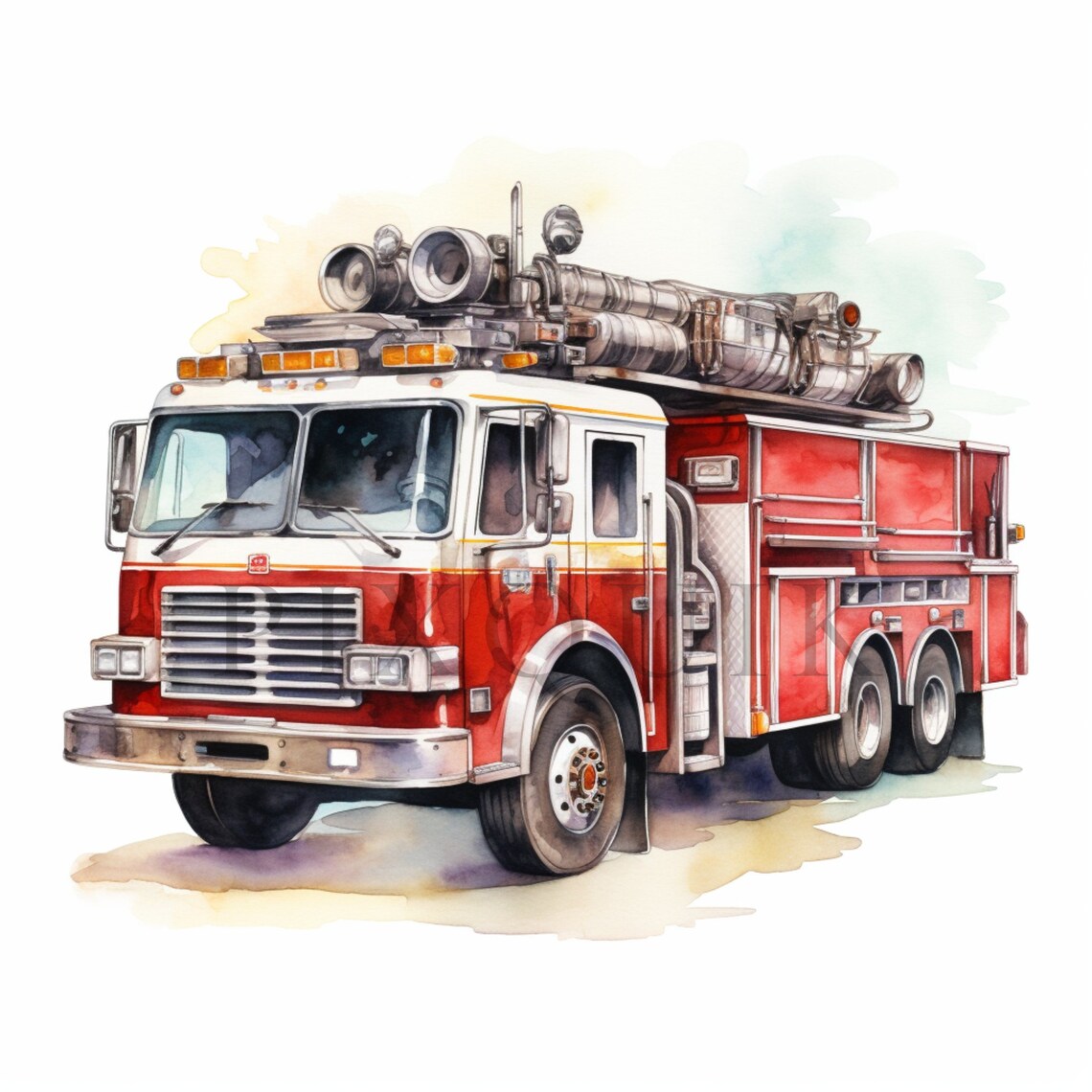 Watercolor Fire Truck Clipart | 10 High Quality Jpgs | Digital Download ...