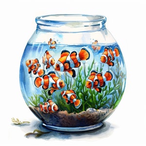 Watercolor Fish Bowl Clipart | Clownfish JPG Images (digital Download ...