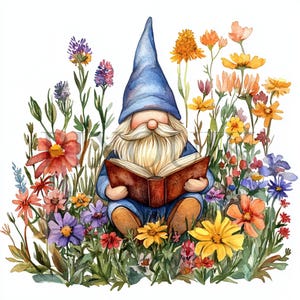 Watercolor Gnome Clipart | Reading in Flower Garden (digital Download ...
