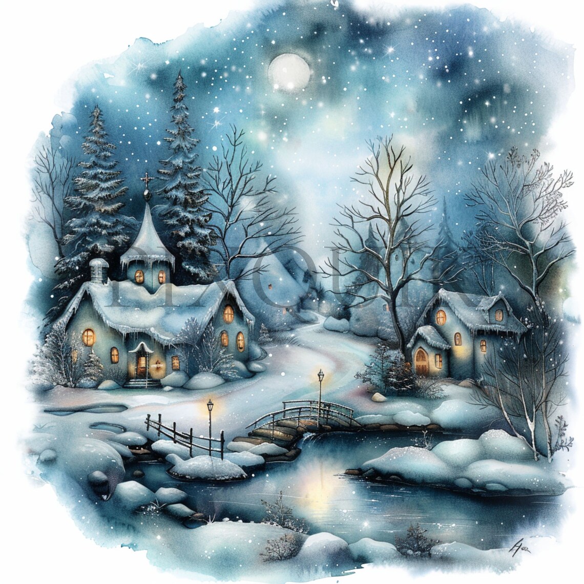 Watercolor Winter Village Clipart | Cozy Landscape, Card Making ...