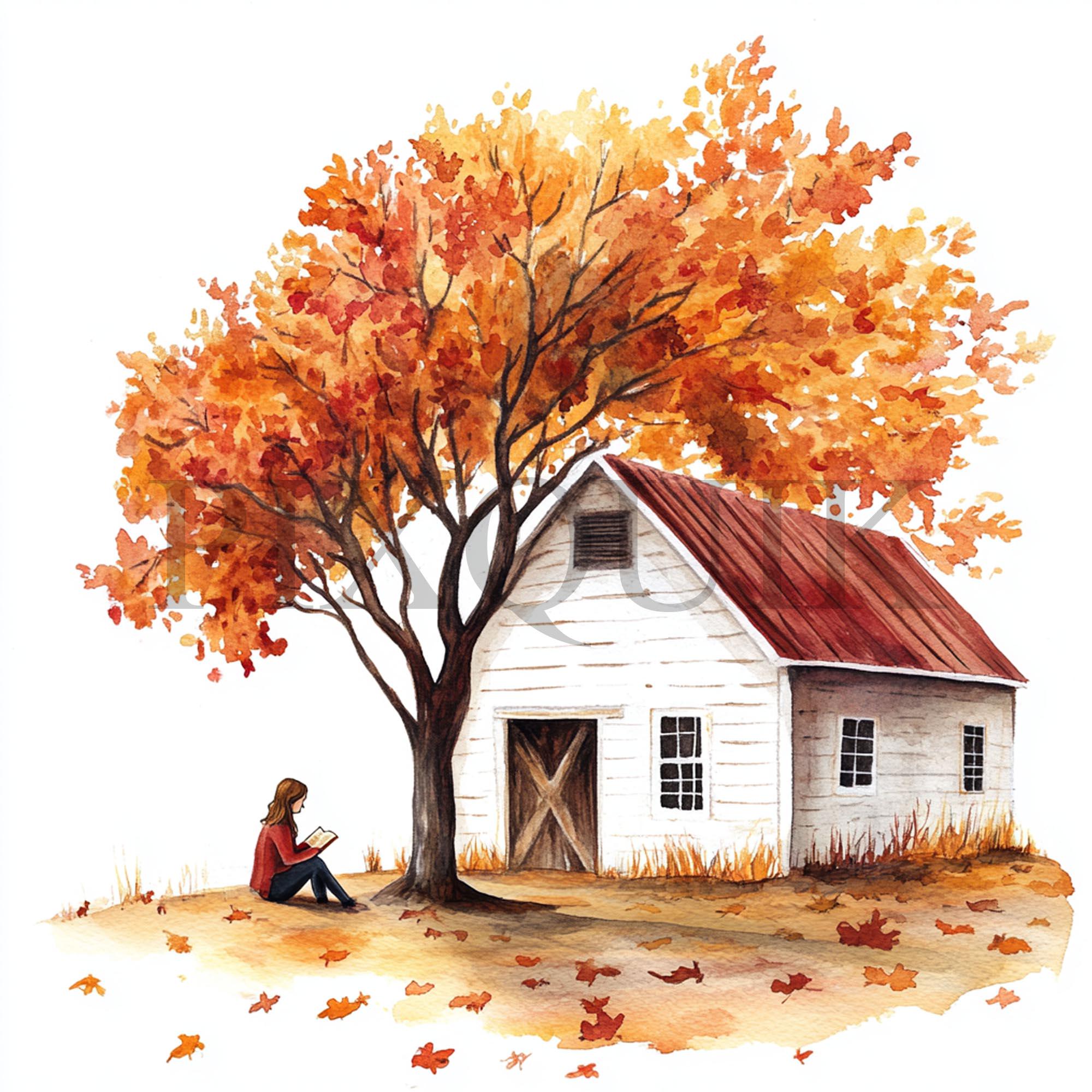 Watercolor Fall Reading Clipart | Barn and Girl (digital Download) - Etsy
