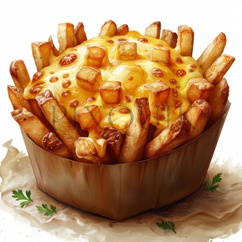Watercolor Cheese Fries Clipart 10 High-quality Jpgs Kitchen Decor Food Illustrations Digital ...