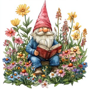 Watercolor Gnome Clipart | Reading in Flower Garden (digital Download ...