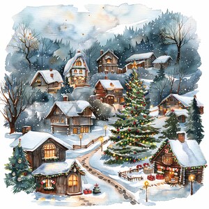Watercolor Winter Village Clipart: Snowy Holiday Scene (digital ...