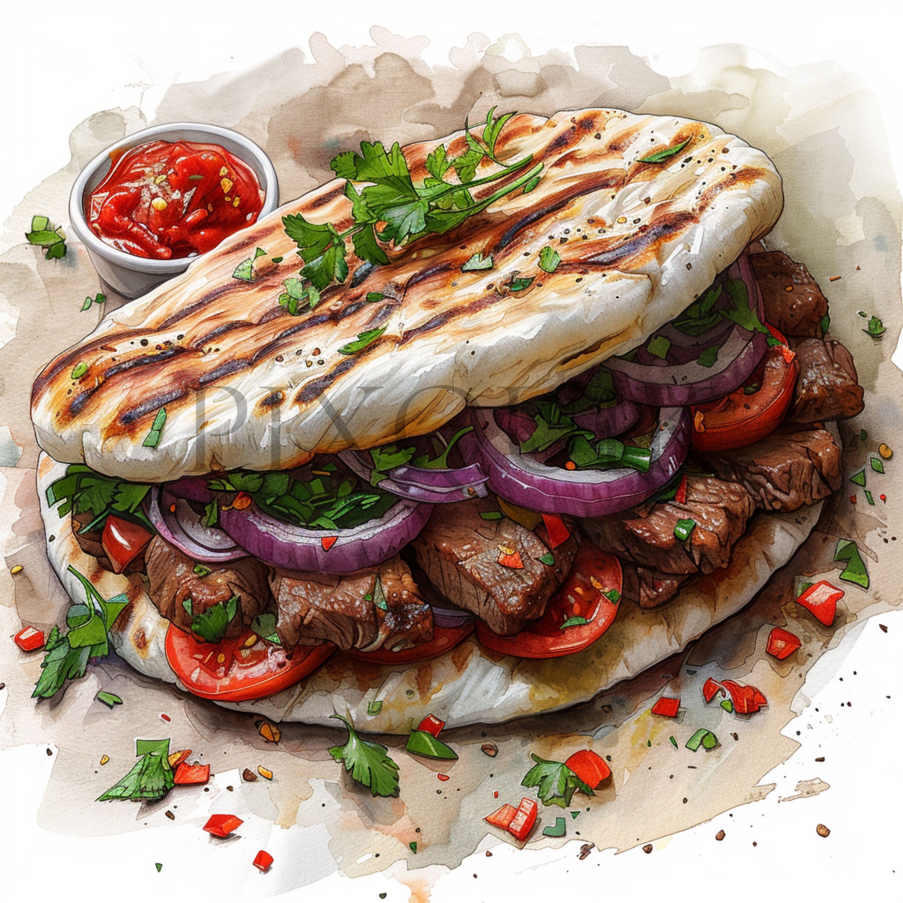Watercolor Gyros Clipart 10 High-quality Jpgs Food Culture Gyros ...