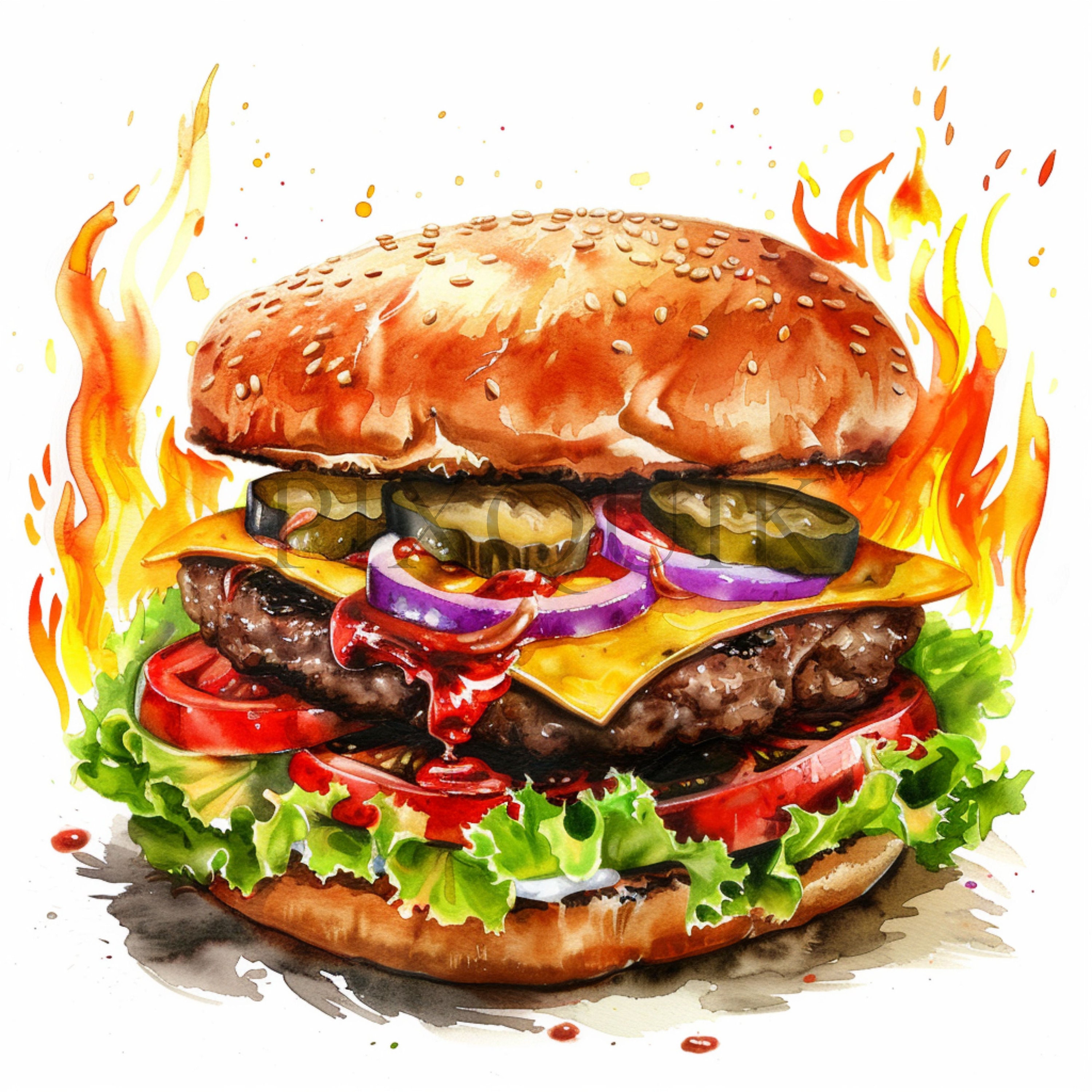 Watercolor Tasty Hamburger Clipart 10 High Quality Jpgs Fast Food ...