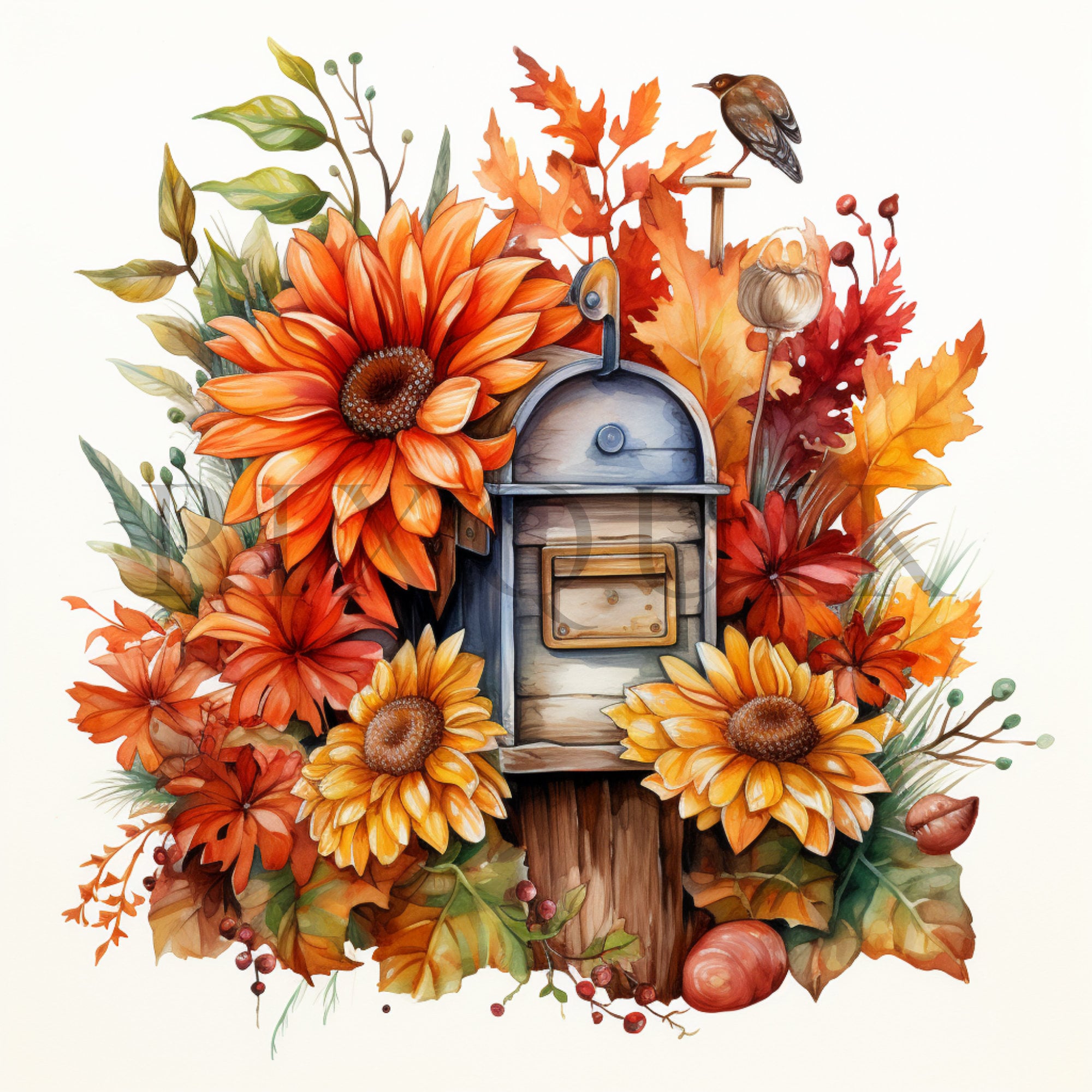 Autumn Flower Mailbox Clipart | Rustic Postbox Art (digital Download ...