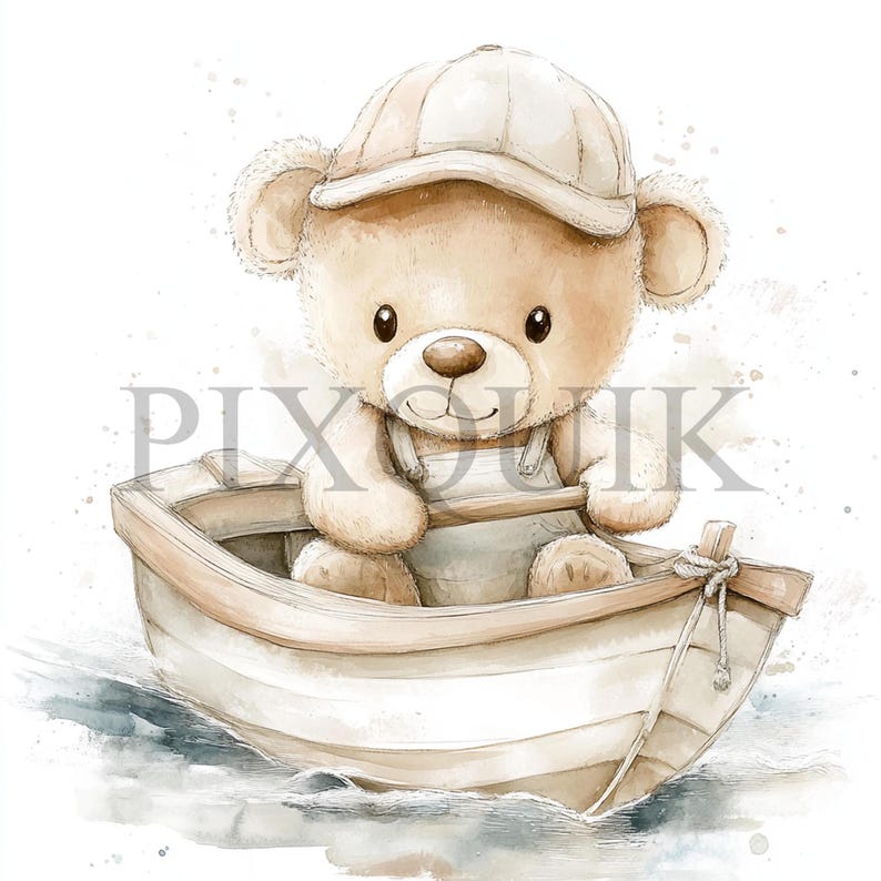Teddy Bear in Boat Clipart: Watercolor Boho Art (JPG & PNG) - Etsy