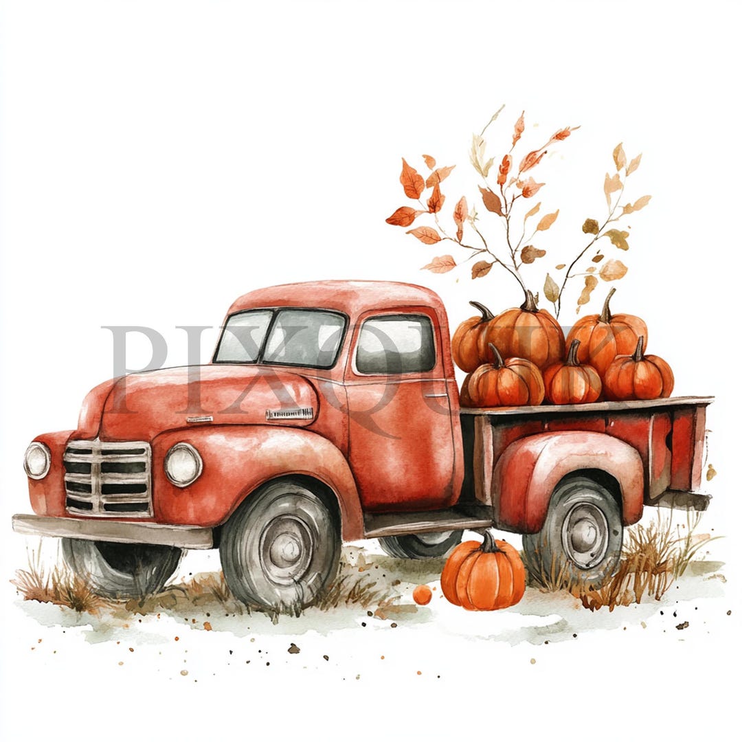 Watercolor Autumn Truck Clipart: Fall Pumpkin Decor (JPG Digital ...