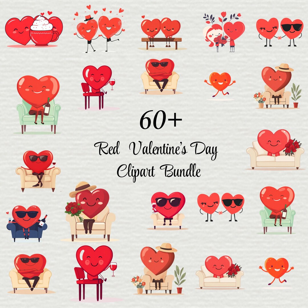 Valentine's Day Red Heart Clipart Bundle | 60 PNG JPG Images (digital ...