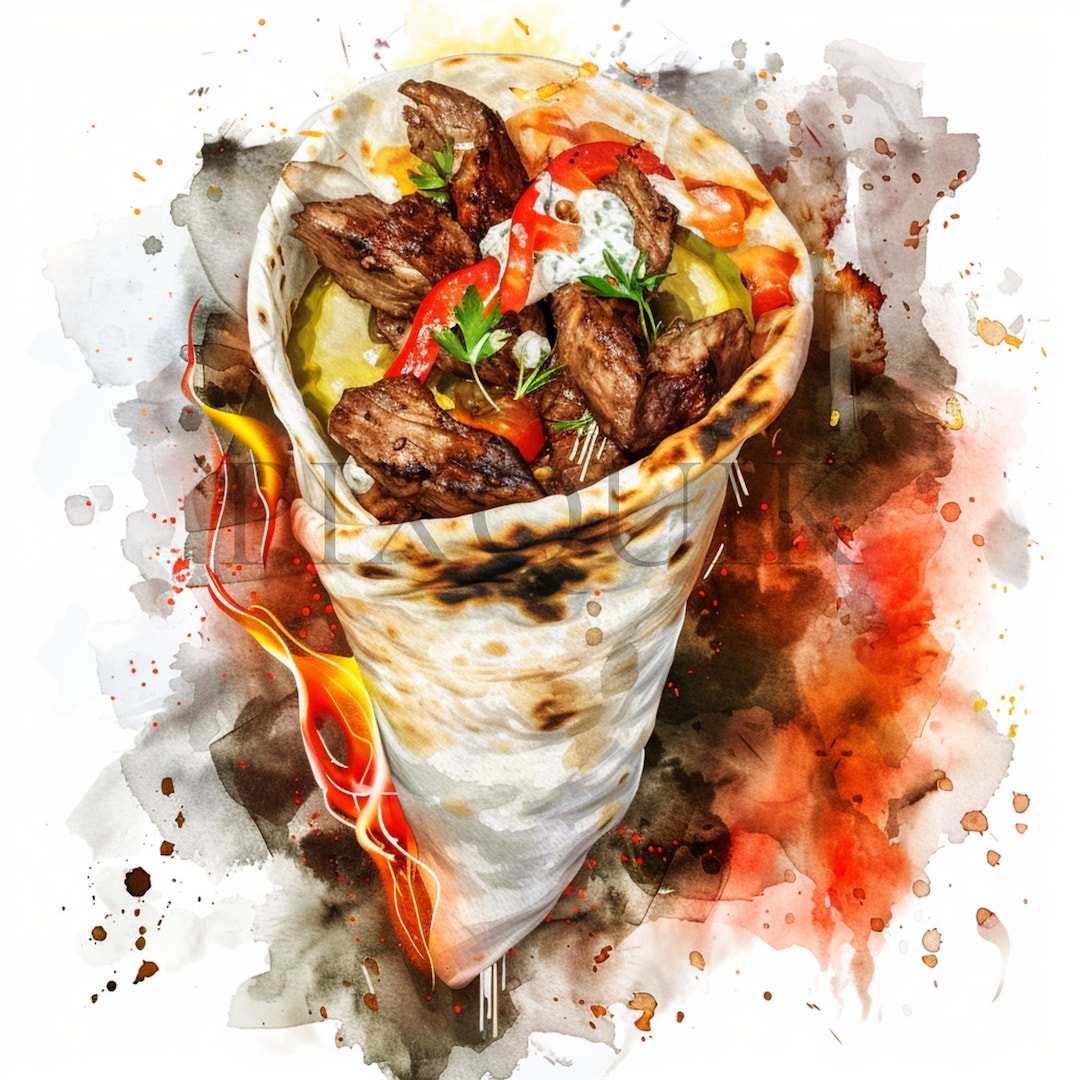 Watercolor Fire Gyros Clipart | 10 High-quality Jpgs | Food Culture ...