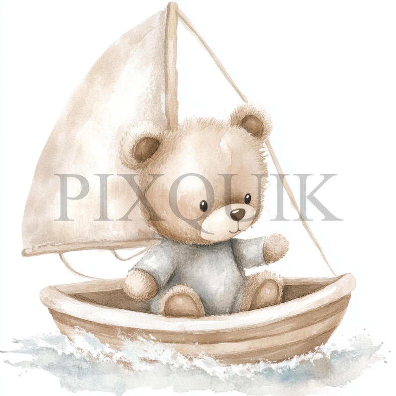 Teddy Bear in Boat Clipart: Watercolor Boho Art (JPG & PNG) - Etsy