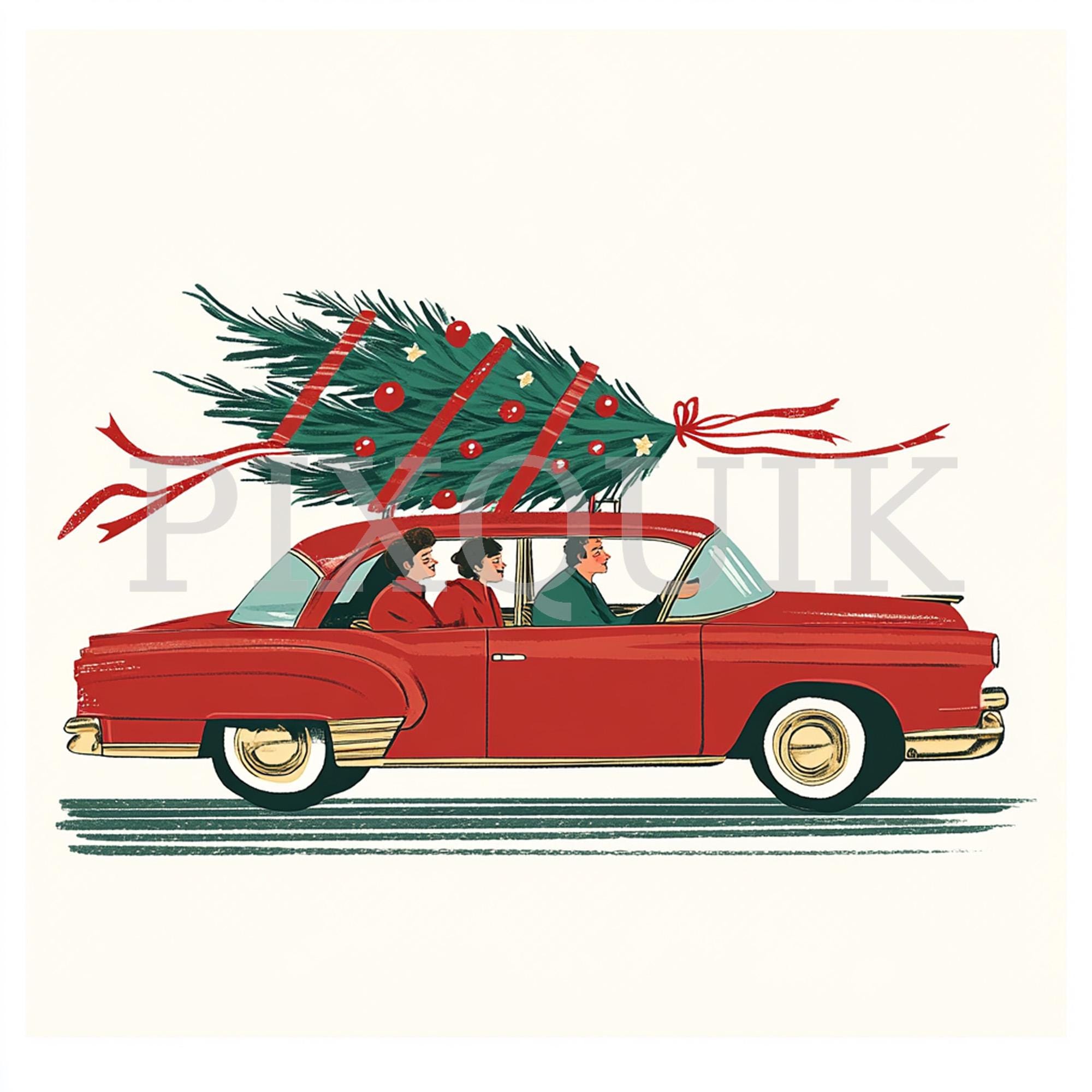 Vintage Christmas Car Clipart: Retro Holiday PNG Files (digital ...