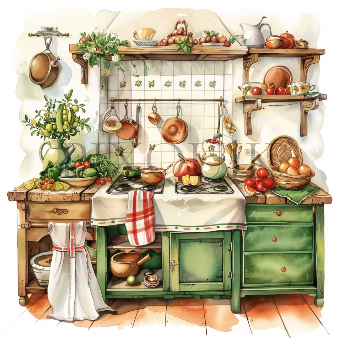 Watercolor Country Kitchen Clipart | 10 High Quality JPG | Rustic ...