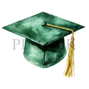 Watercolor Green Graduation Cap Clipart: JPG & PNG Files (digital ...