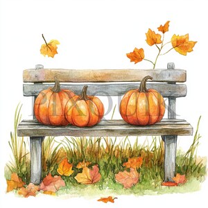 Watercolor Autumn Bench Clipart | Fall Pumpkin Scene (digital Download ...