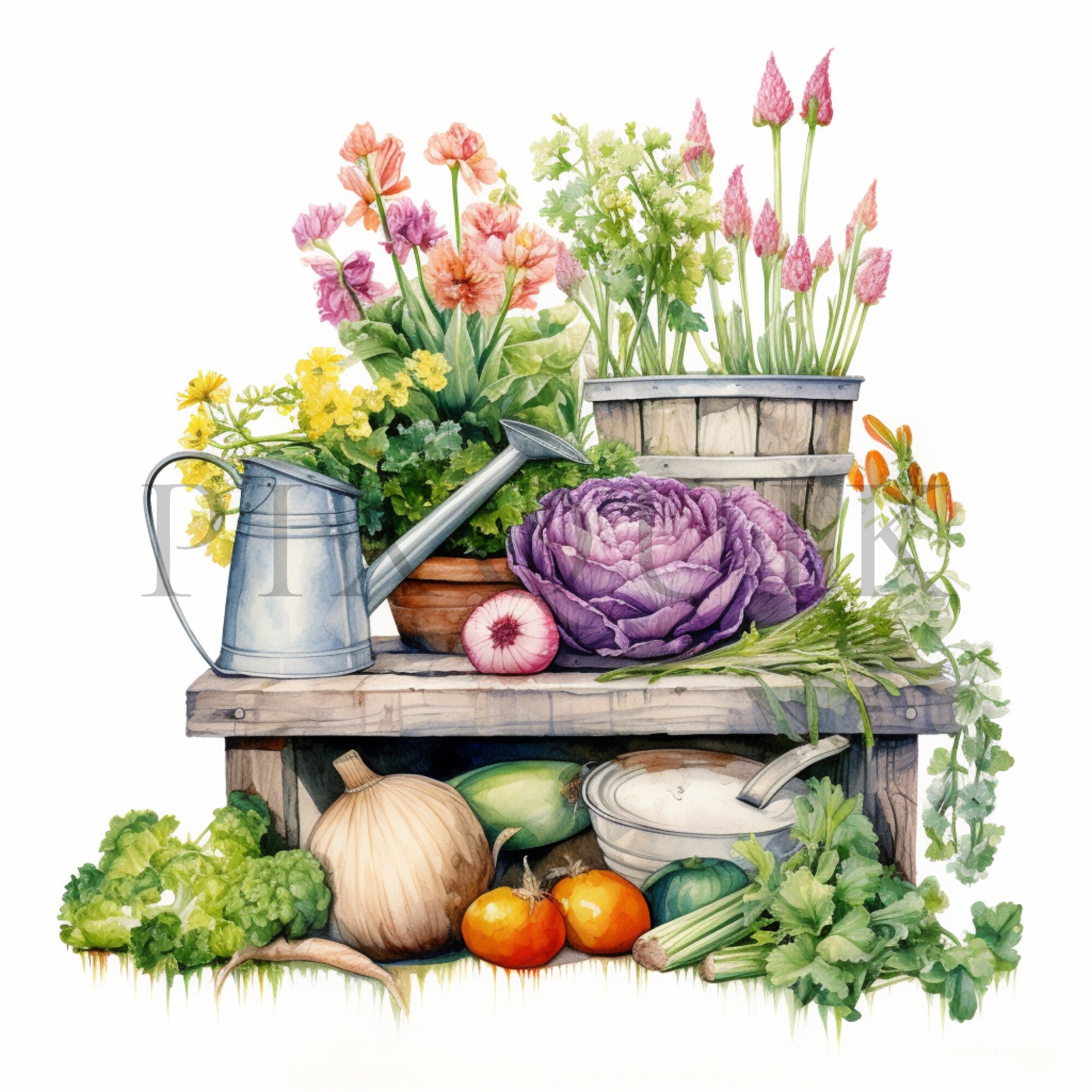 Watercolor Garden Clipart | Spring Flowers, Watering Can (digital ...