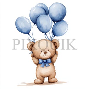 Watercolor Teddy Bear Clipart | Blue Balloons, Card Making (JPG Files ...