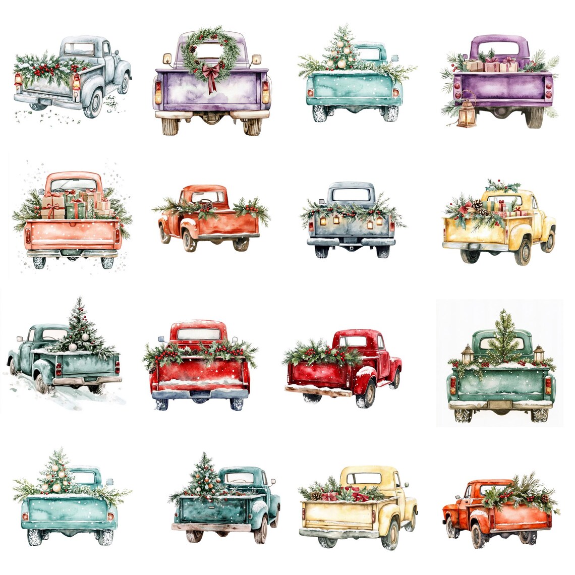 Watercolor Christmas Truck Clipart | Festive PNG Bundle (digital ...
