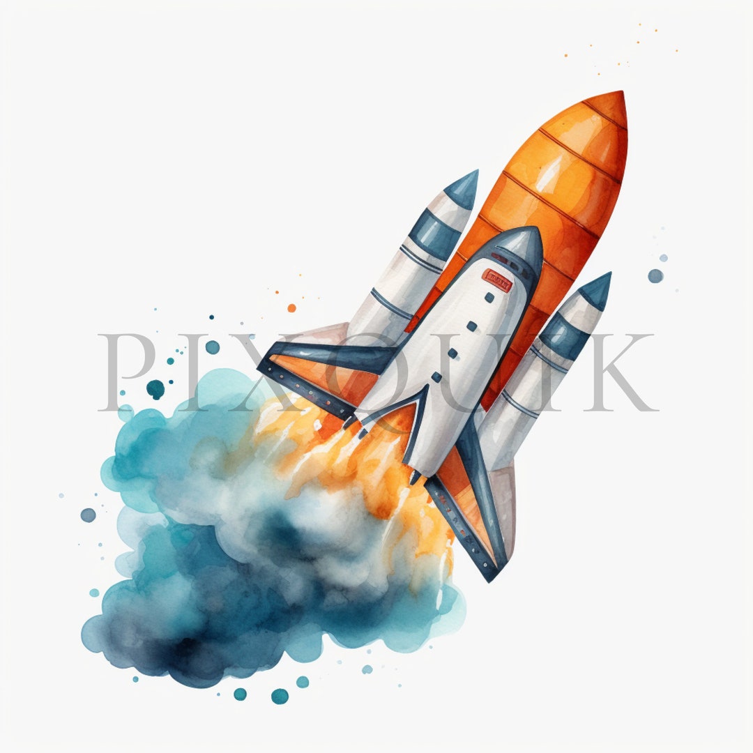 Watercolor Rocket Ship Clipart | Space Scrapbook Art (digital Download ...