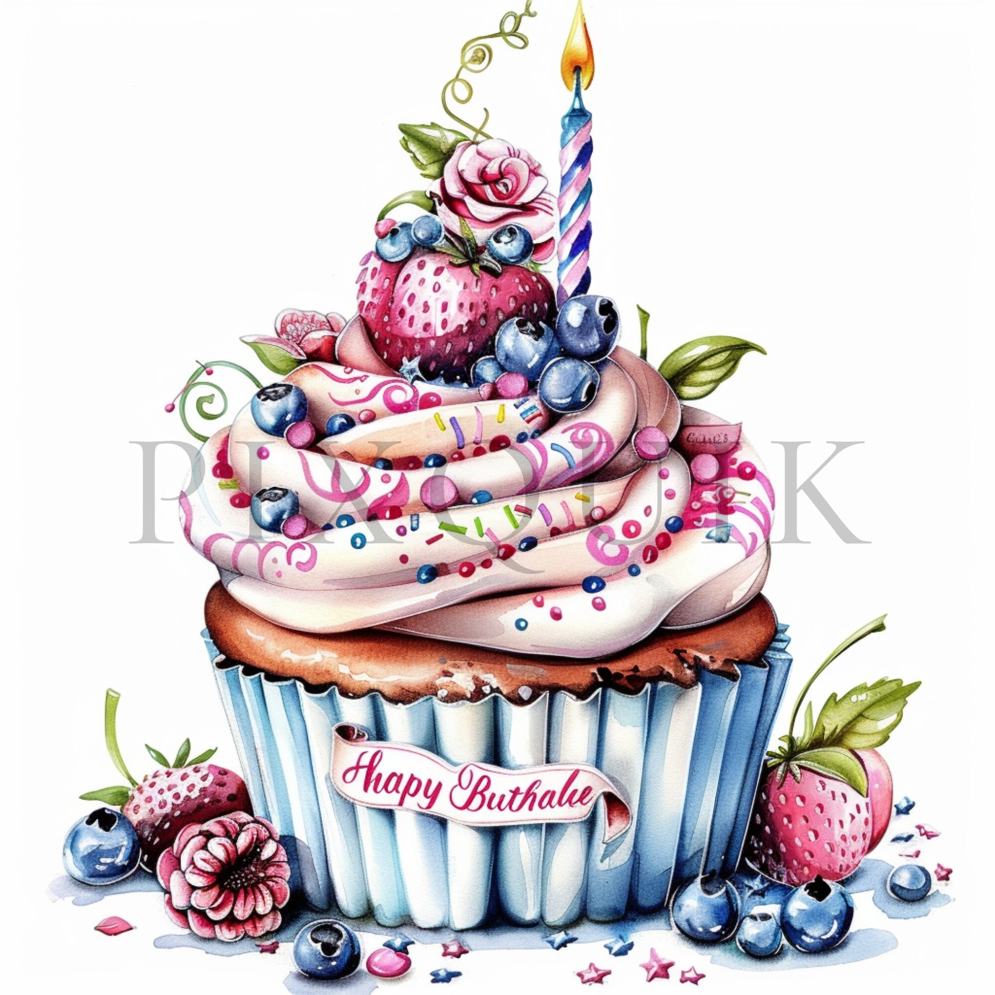 Watercolor Birthday Cupcake Clipart | Berry Topping (digital Download ...