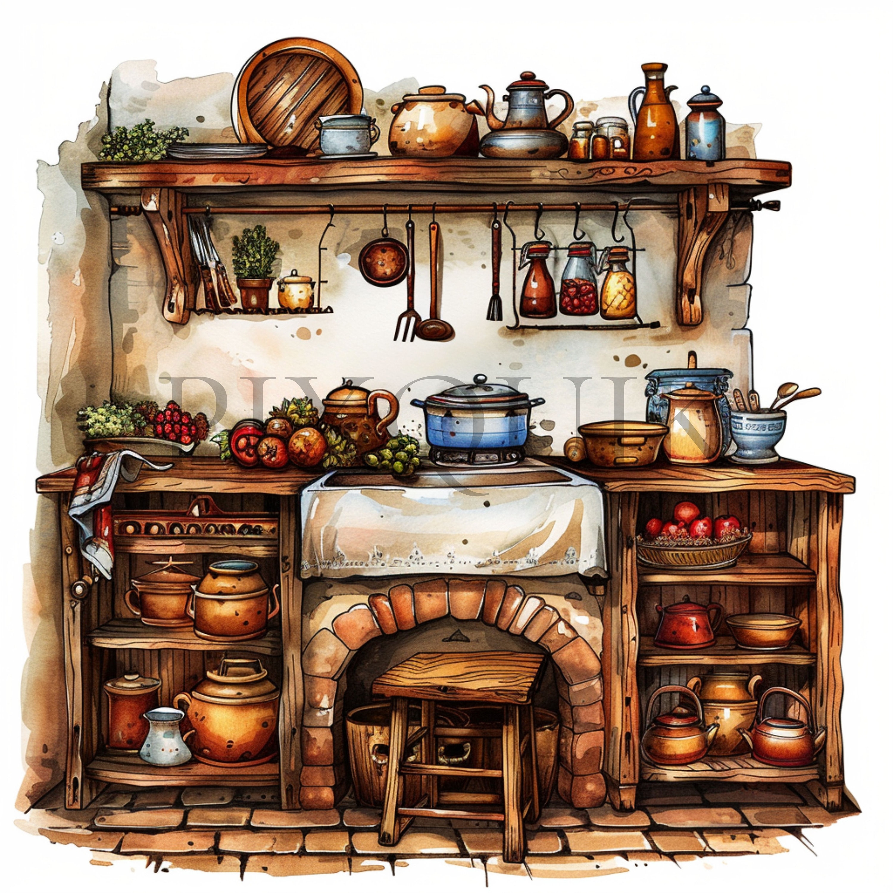 Watercolor Country Kitchen Clipart 10 High Quality JPG Rustic Vintage ...