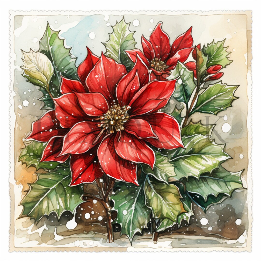 Poinsettia Stamp Clipart | Festive Christmas Jpgs (digital Download) - Etsy
