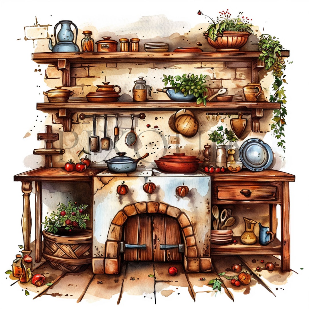 Watercolor Country Kitchen Clipart | 10 High Quality JPG | Rustic ...