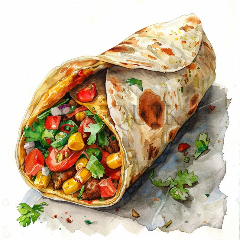 Watercolor Burrito Clipart 10 High Quality Jpgs Breakfast Burrito ...