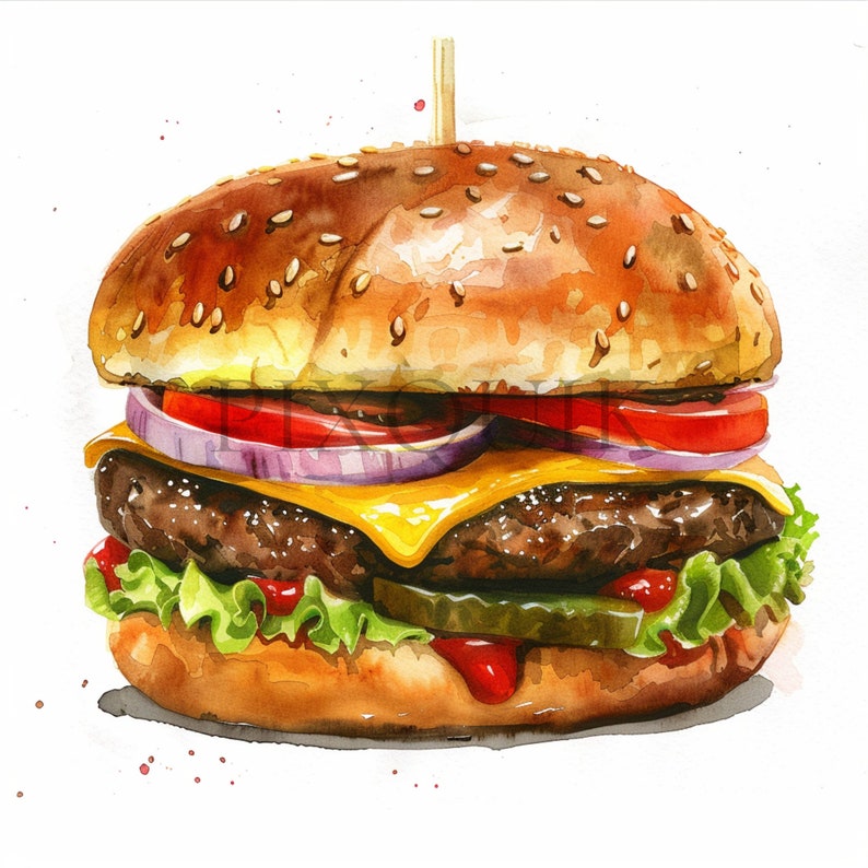 Watercolor Hamburger Clipart | Tasty Fast Food Illustration (jpgs) - Etsy