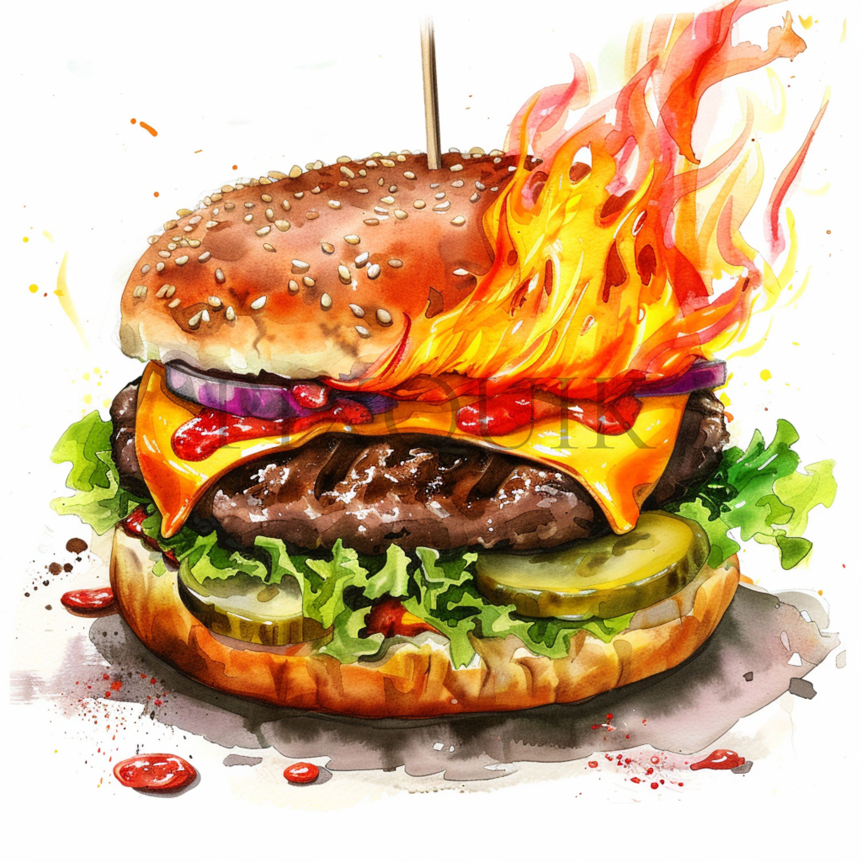 Watercolor Tasty Hamburger Clipart 10 High Quality Jpgs Fast Food ...